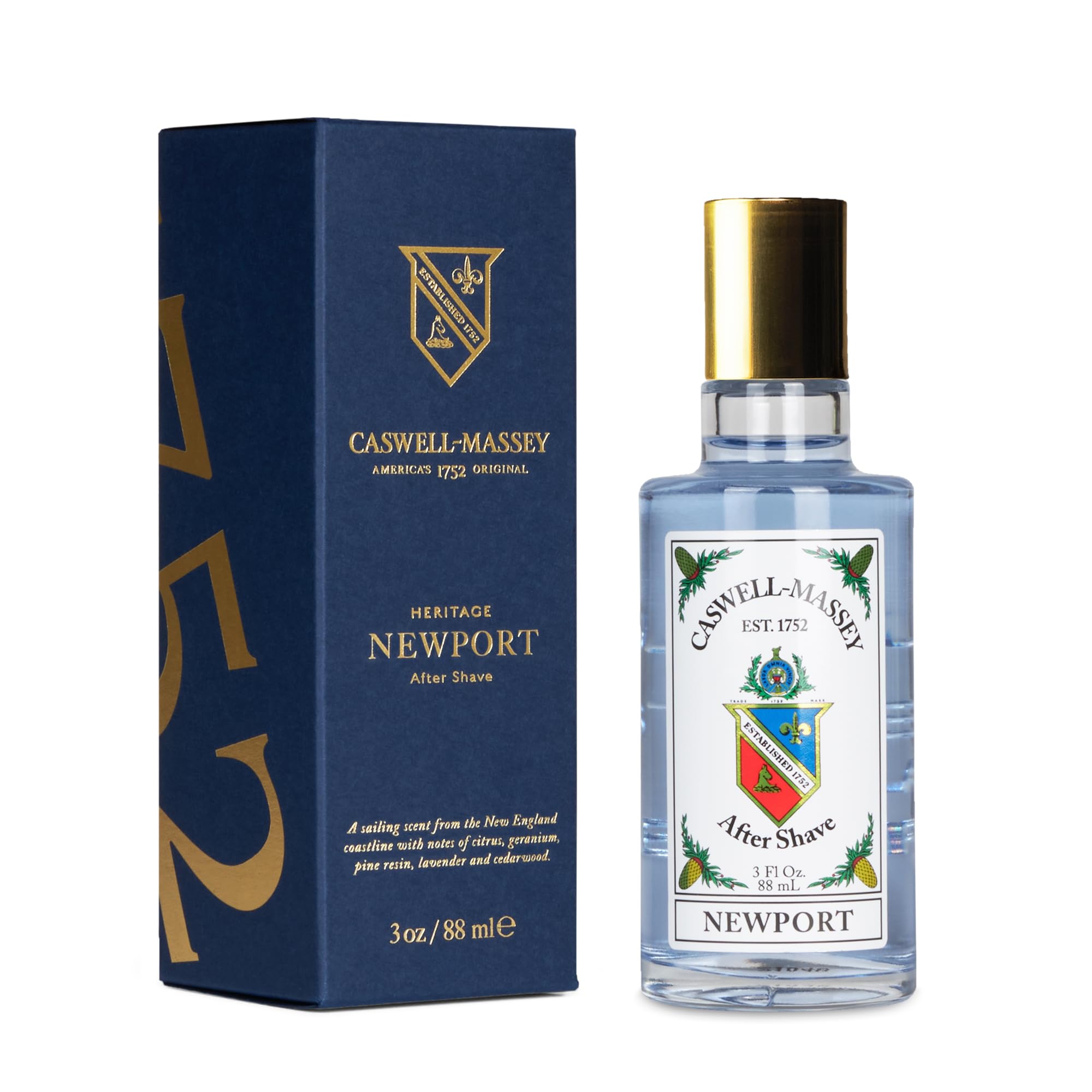 Caswell-Massey Newport Gold Cap After Shave, Soothing Aftershave with Sandalwood, Citrus & Cedar, 3 Fl Oz