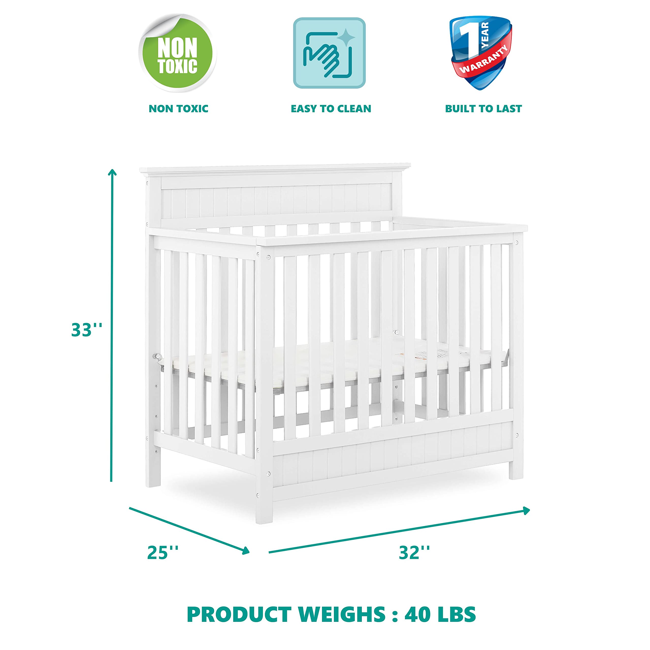 Dream On Me Harbor 4-in-1 Convertible Mini Crib in White, Greenguard Gold Certified