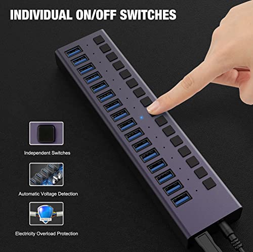 USB 3.0 Hub -16 Ports Powered USB Hub 90W USB Charging Hub with Individual On/Off Switches and 12V/7.5A Power Adapter and Lights for PC, Laptop, Computer, Mobile HDD, Flash Drive and More(Purple)