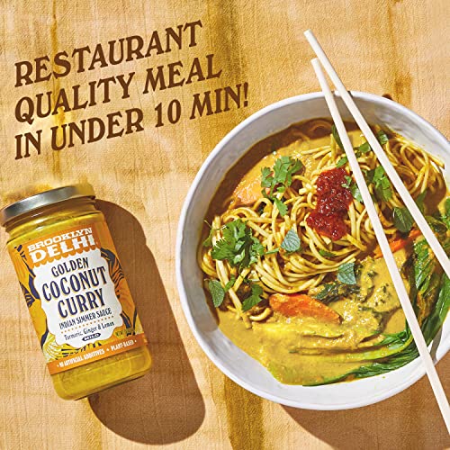 Brooklyn Delhi Golden Coconut Curry - Indian Simmer Sauce with Turmeric, Ginger, Lemon, & Coriander - 12 Ounces - Mild Enough for a kid, Flavorful Enough for a Foodie - Vegan - No Artificial Additives