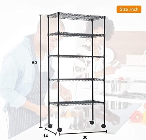 Heavy Duty 5-Tier Shelving Unit Commercial Grade Adjustable 900Lbs Capacity Steel Storage Rack 30L x 14D x 60H Mobile Shelves Wire Shelf Silver Rolling Utility Cart for Pantry Garage Kitchen- Black