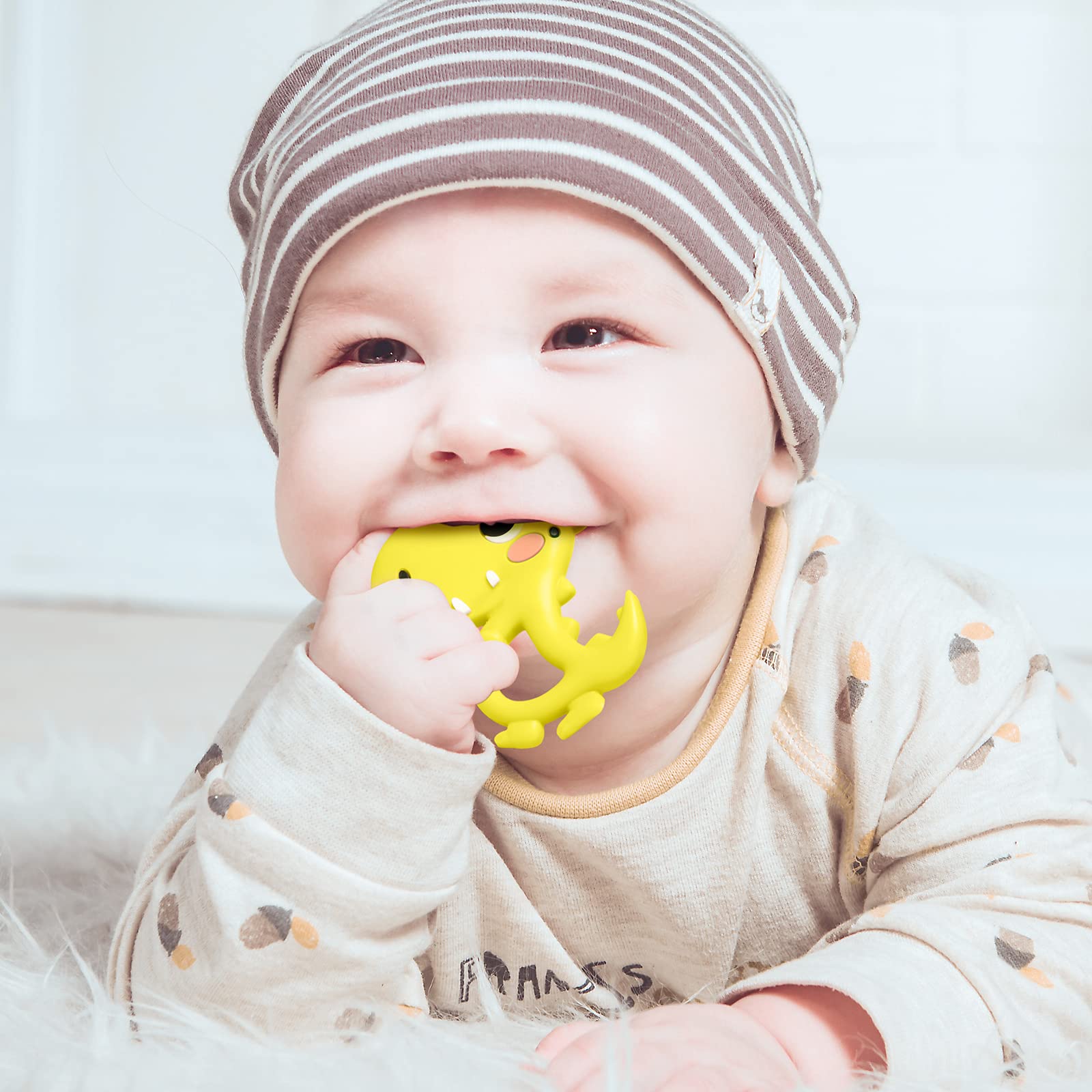 BBBiteMe Baby Teething Toys Silicone Dinosaur Baby Teethers for Babies 0-6, 6-12 Months, BPA-Free Teether Gifts Baby Shower Toy for Toddlers and Infants(Yellow)