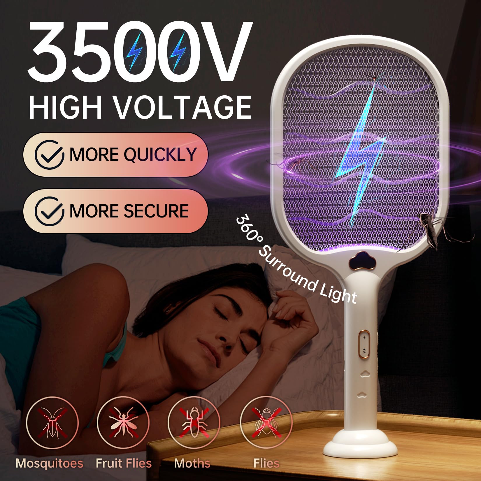 Electric Fly Swatter Racket 3500V buzzkick Bug Zapper Racket Dual Modes Mosquito Killer with Purple Mosquito Light Rechargeable for Indoor Home Office Backyard Patio Camping