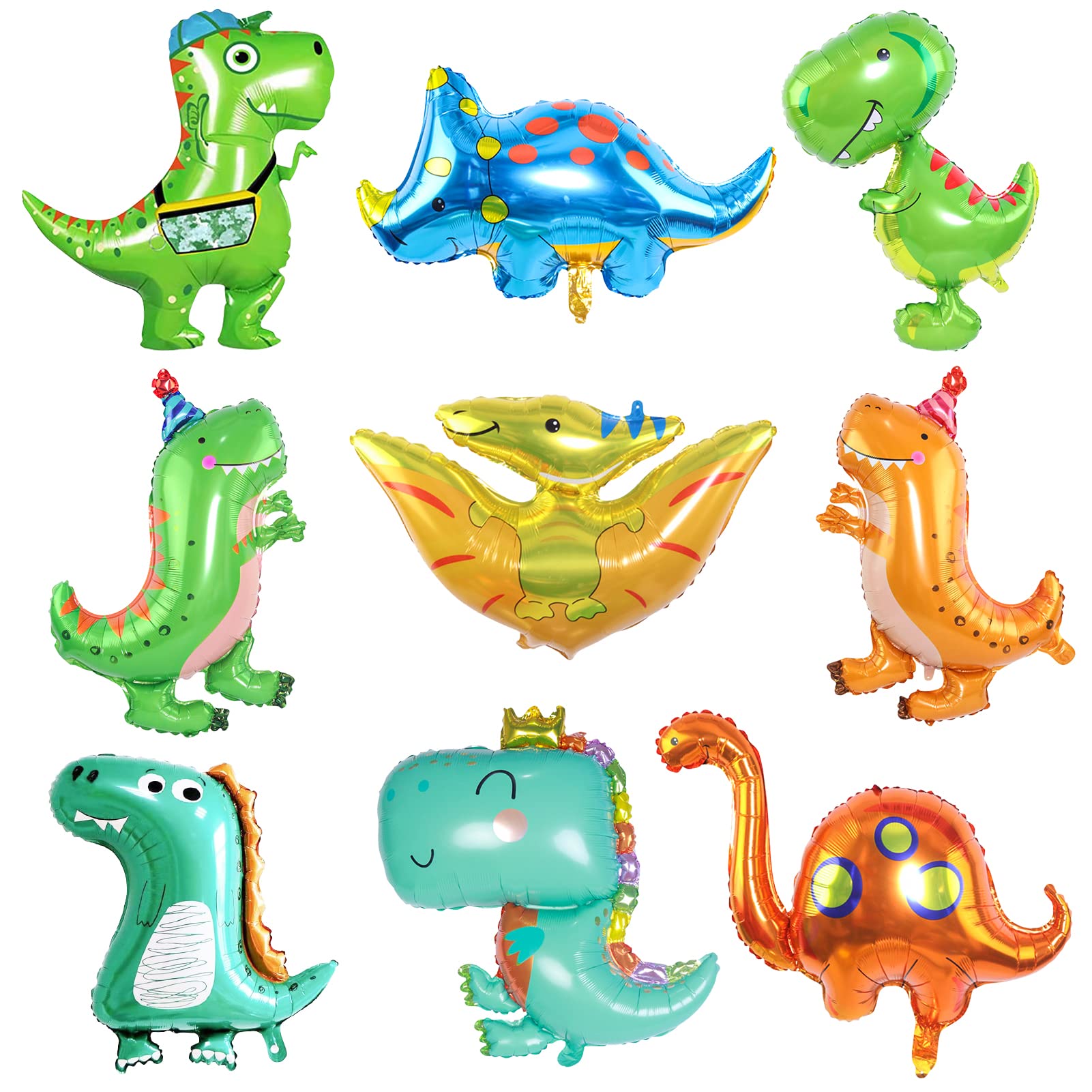 9 Giant 3D Dinosaur Balloons (20-35in), Dino Balloons for Birthday Party Decorations - Self-Standing, Cute, and Colorful Aluminium Foil Balloons for Kids and Adults