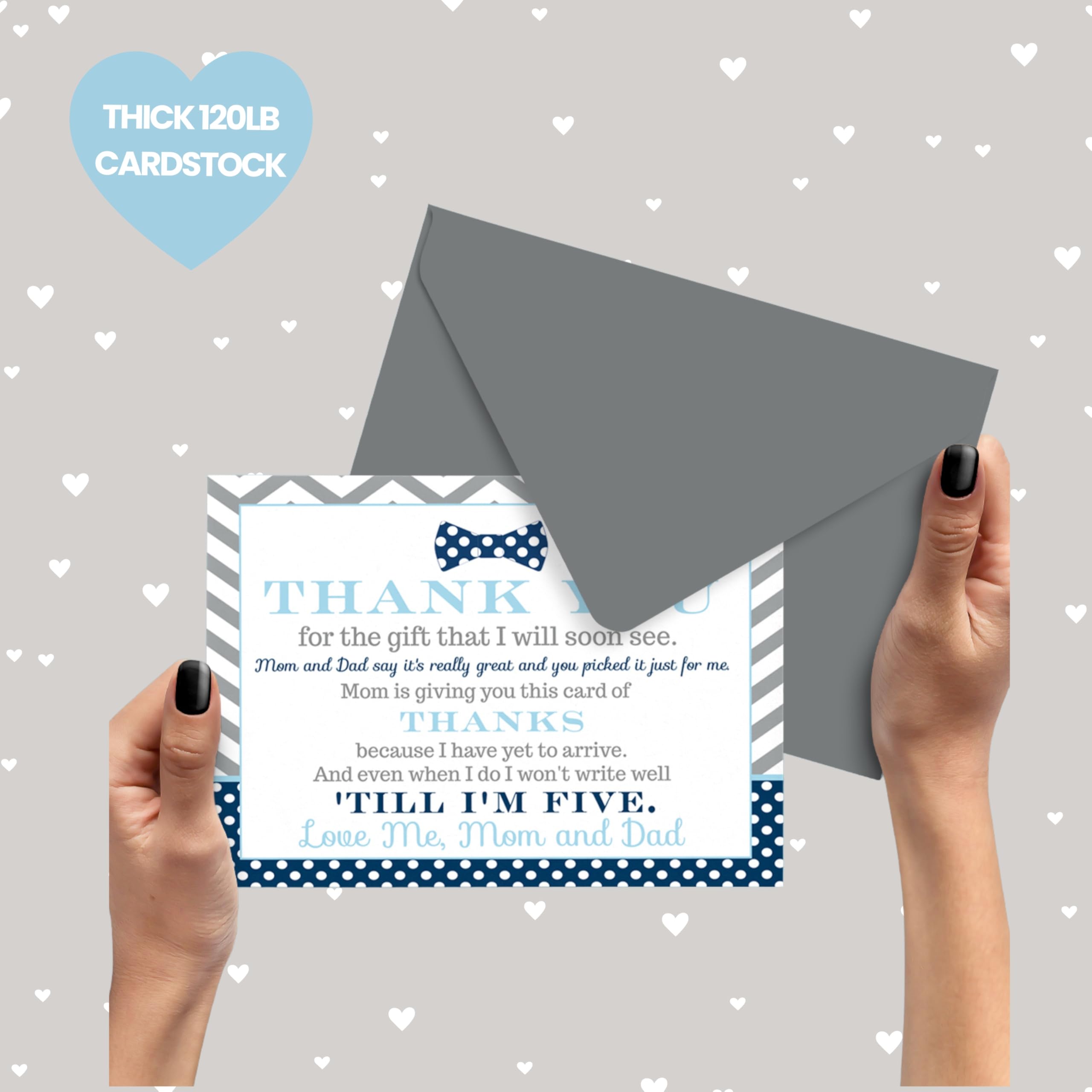 Paper Clever Party Bow Tie Baby Shower Thank You Cards with Envelopes Blank Notes Prefilled Message Boys Personalize for Registry Gifts Blue and Grey Notecard Set 4x6, 15 Pack Printed