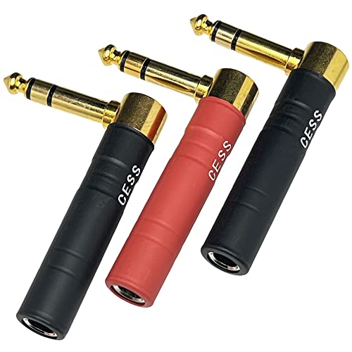 CNCESS CESS-237 Headphone / Earphone Right-Angle Adapter, 6.35mm 1/4-inch TRS Stereo Female to Male, 3-Pack (2 Black + 1 Red)