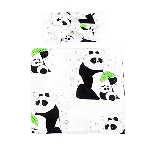 QTECLOR Newborn Receiving Blanket Headband Set - Unisex Soft Baby Swaddle Girl Boy Gifts (Blanket-Panda)