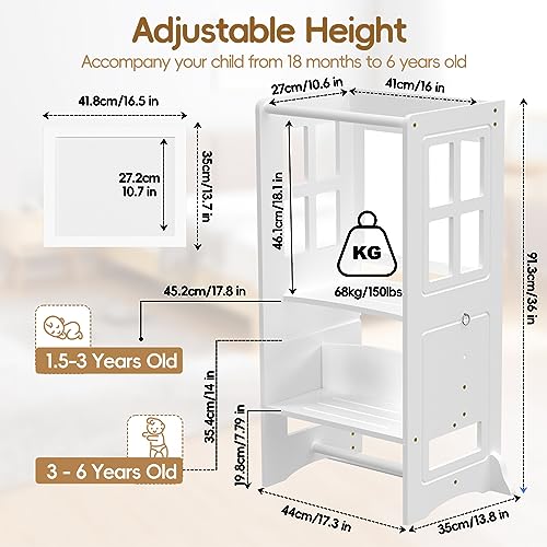 4 in 1 Toddler Kitchen Step Stool, Kitchen Toddler Tower Helper with Whiteboard and Safety Rail, Anti-Slip Protection, Adjustable-Height Kids Learning Standing Tower for Kitchen Counter Bathroom Sink