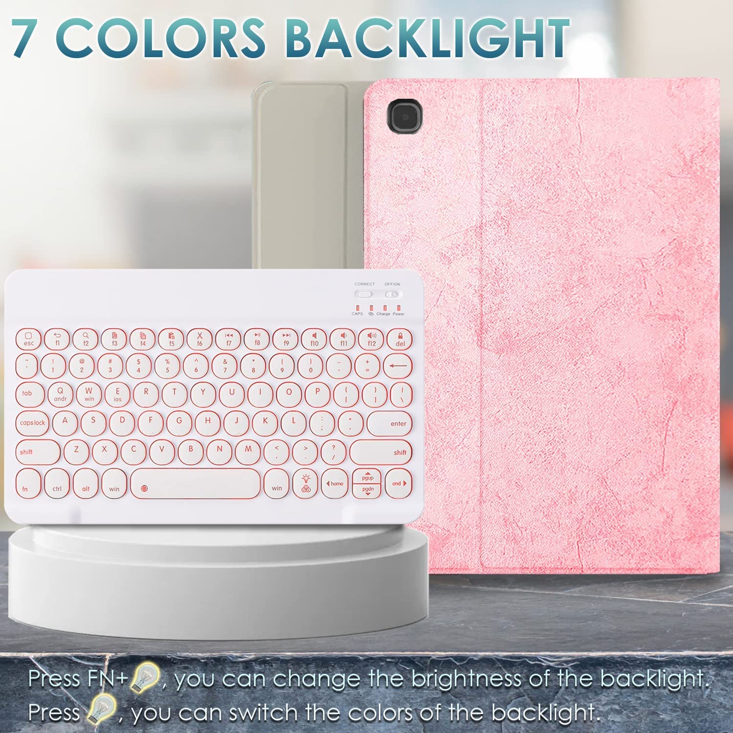 Wineecy Backlit Keyboard Case for Samsung Galaxy Tab A 10.1" 2019, 7 Colors Backlight Magnetically Detachable Wireless Keyboard & PU Folio Stand Cover Case for SM-T510, SM-T515, SM-T517 Tablet (Pink)