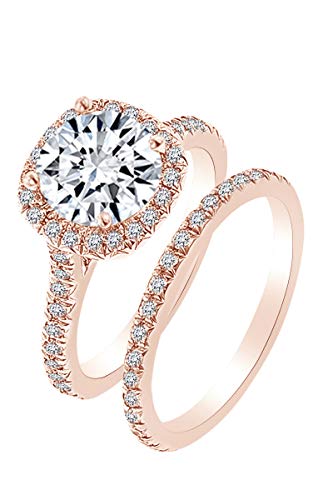 AFFY 2.16 Carat Round Shape White Natural Diamond Halo Wedding Engagement Ring Set 18K Solid Rose Gold Ring Size-7
