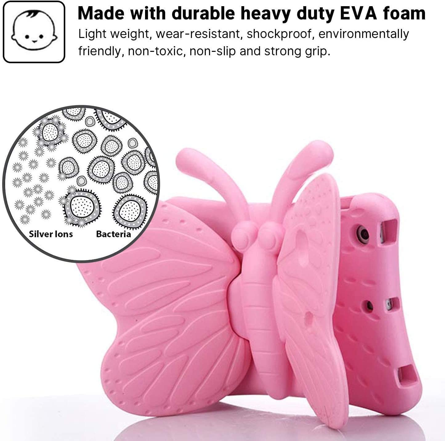 Feitenn iPad 8th Generation Case for Kids 10.2 inch 2020/2019, Shockproof Kickstand Butterfly Cover Non-Toxic EVA Foam Wings Kid-Proof Rugged Bumper Boy Girl Gift for iPad 7th 8th Gen 10.2'' - Pink