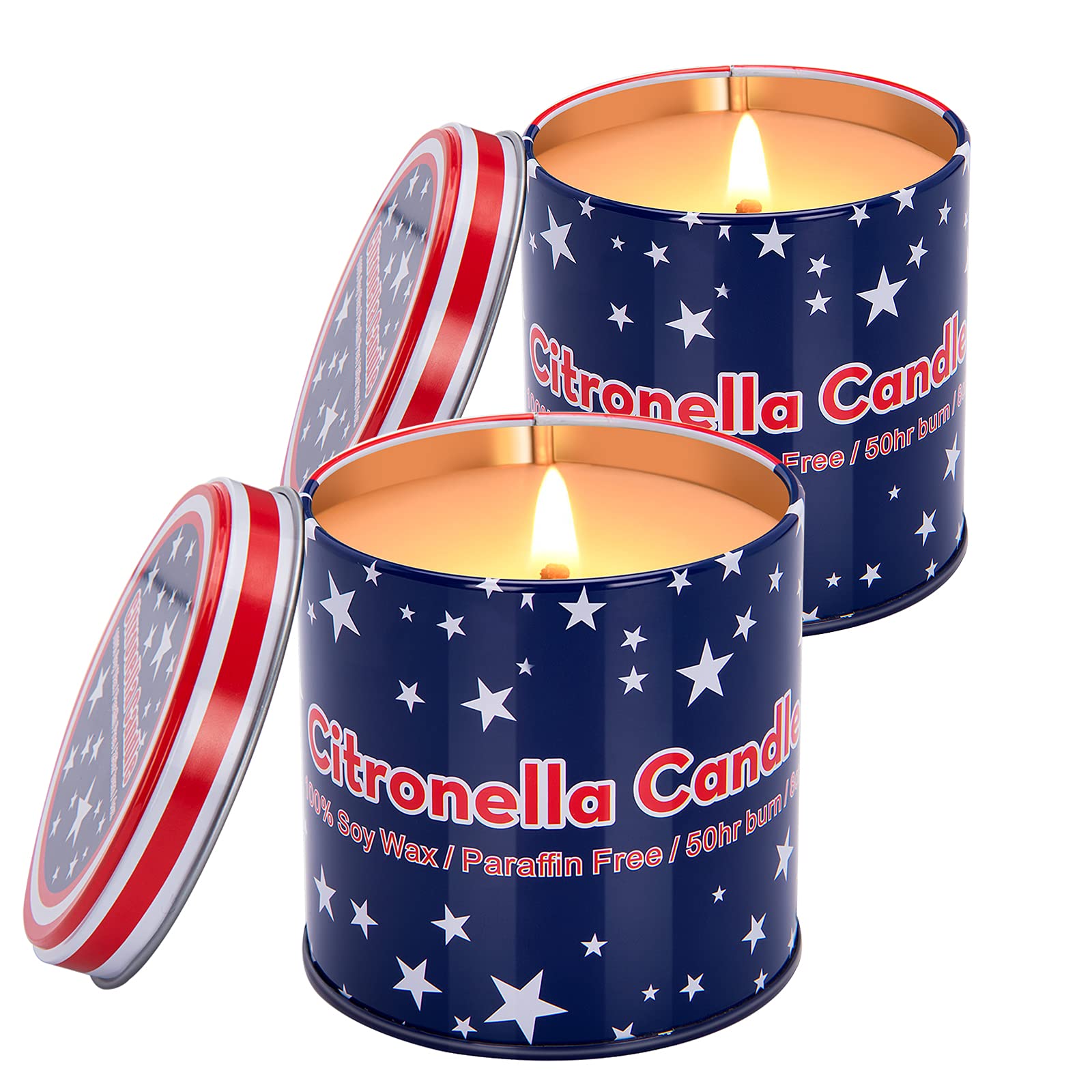 Citronella Soy Candles Outdoor, Yvenjoy American-Flag Long-Lasting Scented Candles Gifts Set for Women Natural Soy Wax Candle, Portable Travel Jar Candle for Home, Garden, Backyard, 2-Pack x 8oz