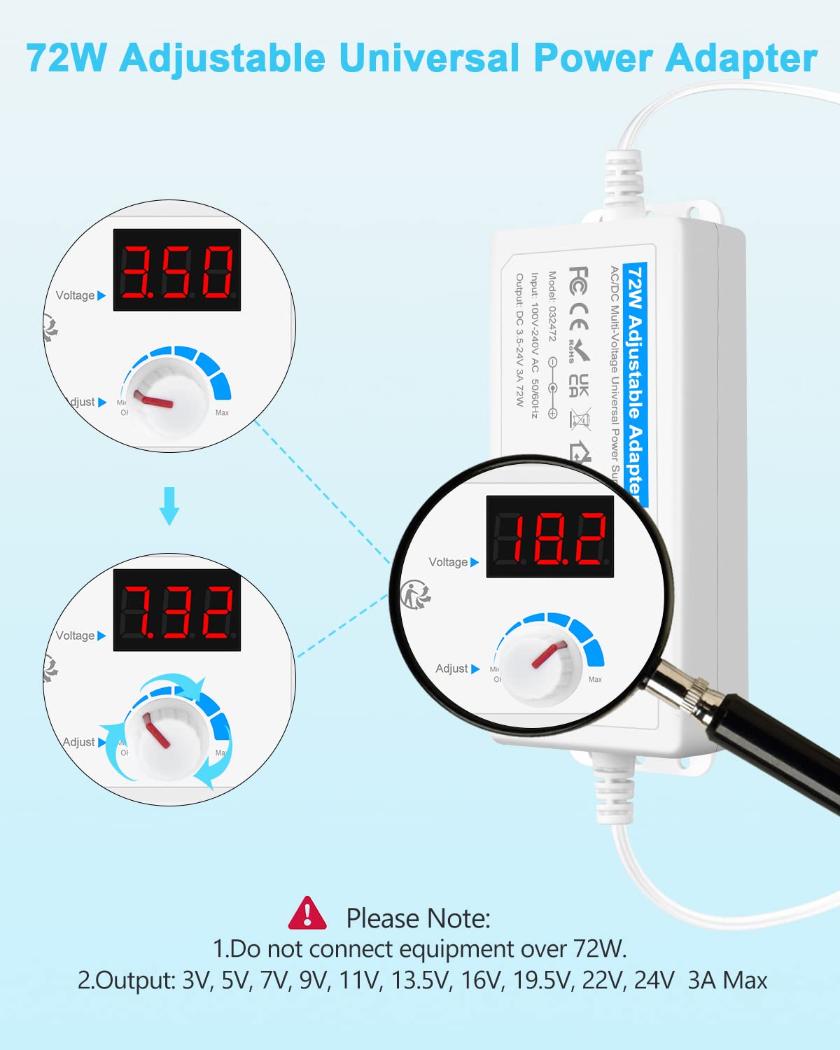 Aclorol 3V-24V 3A 72W Universal Power Supply AC/DC Adapter 5V 6V 9V 12V 15V 18V 24V Power Adapter Adjustable Variable 100V-240V AC to DC Converter 0.5A 1A 2A 3A Max with 14 Tips 5.5x2.5mm 4.0x1.7mm