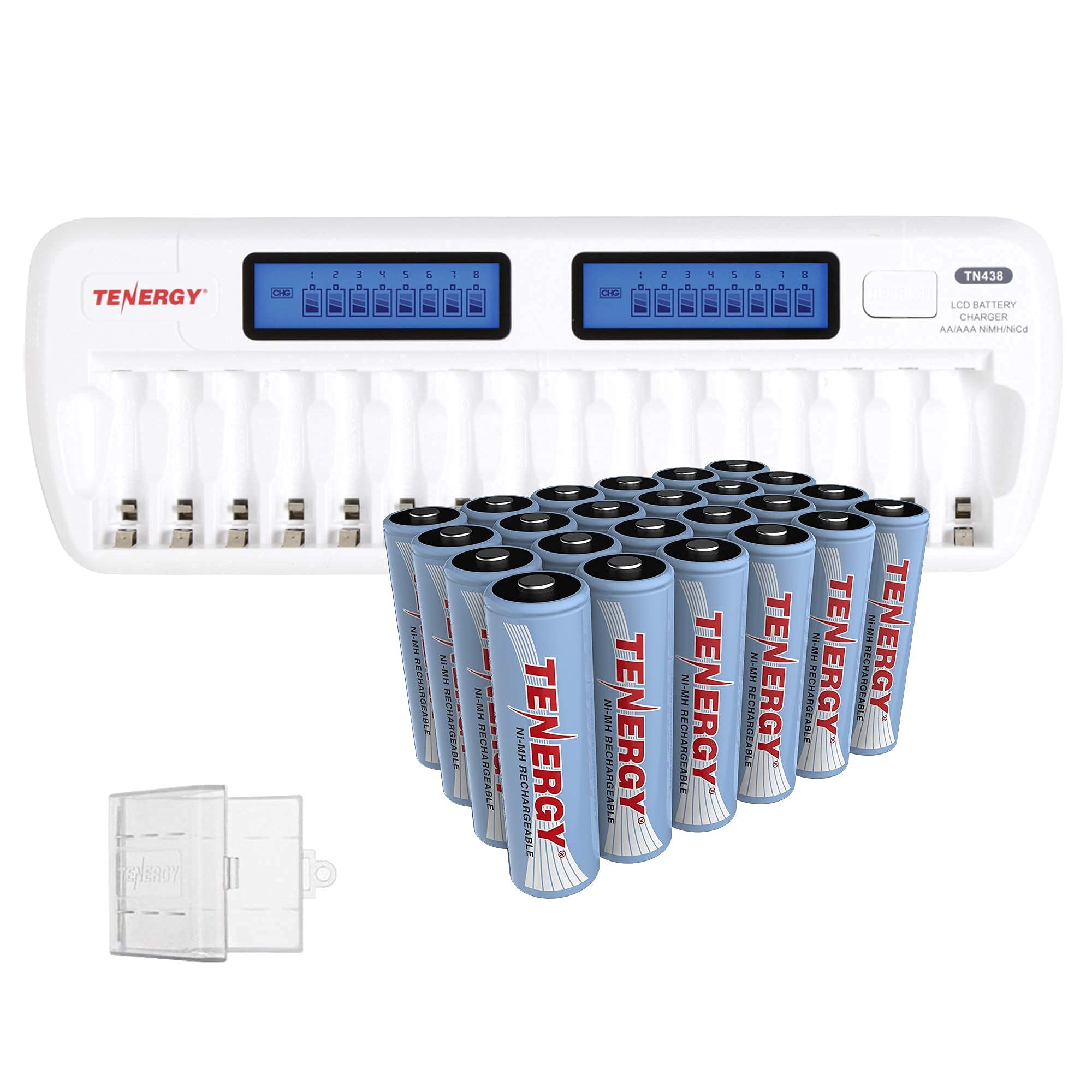 Tenergy 24 Pack 1.2V AA NiMH Rechargeable Batteries with TN438 Charger, Precharged 24xAA Batteries Ideal for Everyday Household Electronics