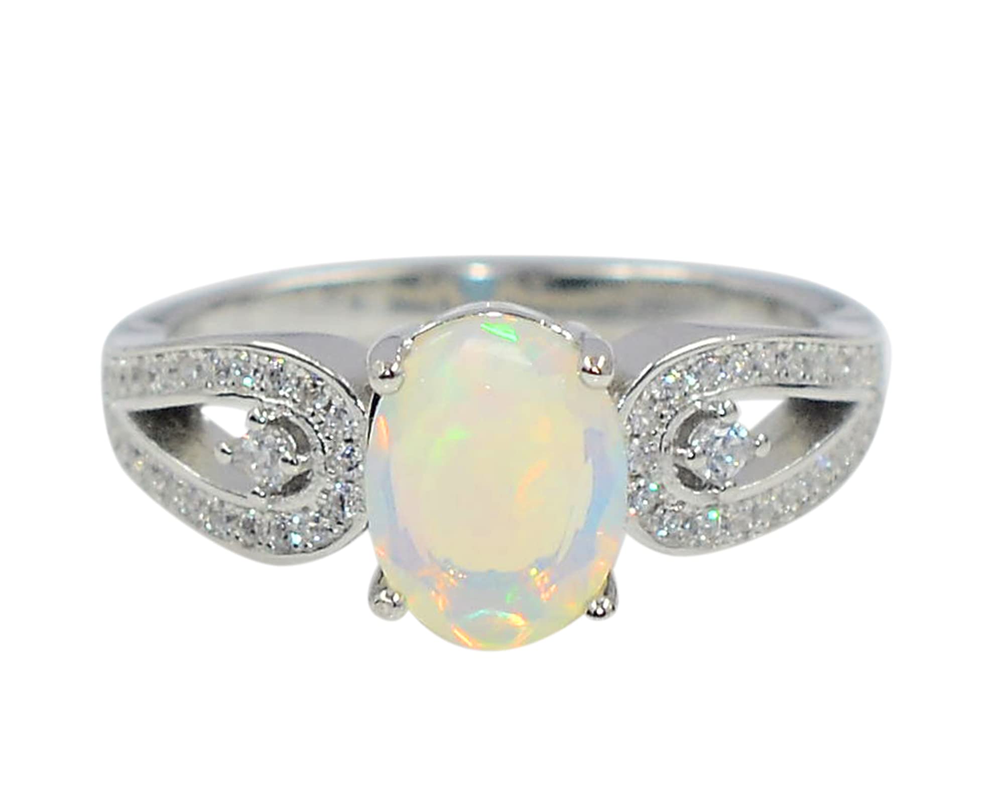 925 Sterling Silver Natural Ethiopian Welo Cut Opal 9X7 MM Oval October Birthstone Solitaire Unisex Proposal Ring For Engagement Gift (Rhodium Plated Silver, 7.5)
