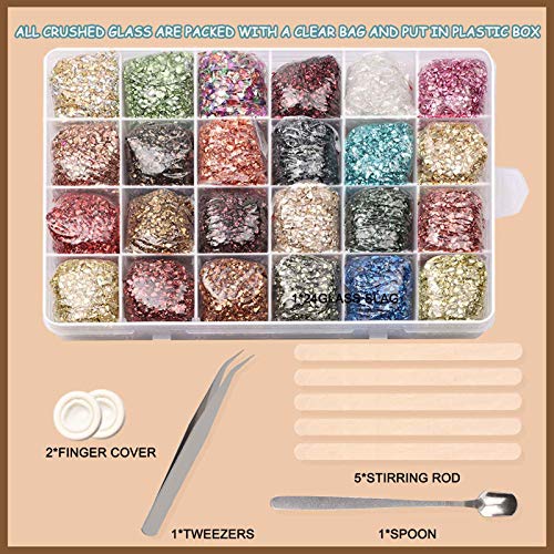 Crushed Glass Glitter, 24 Colors Irregular Crystal Chips Chunky Flakes Sequins Crushed Glass for Resin Geode Art Nail Arts Craft DIY Vase Filler Epoxy Resin Jewelry Making