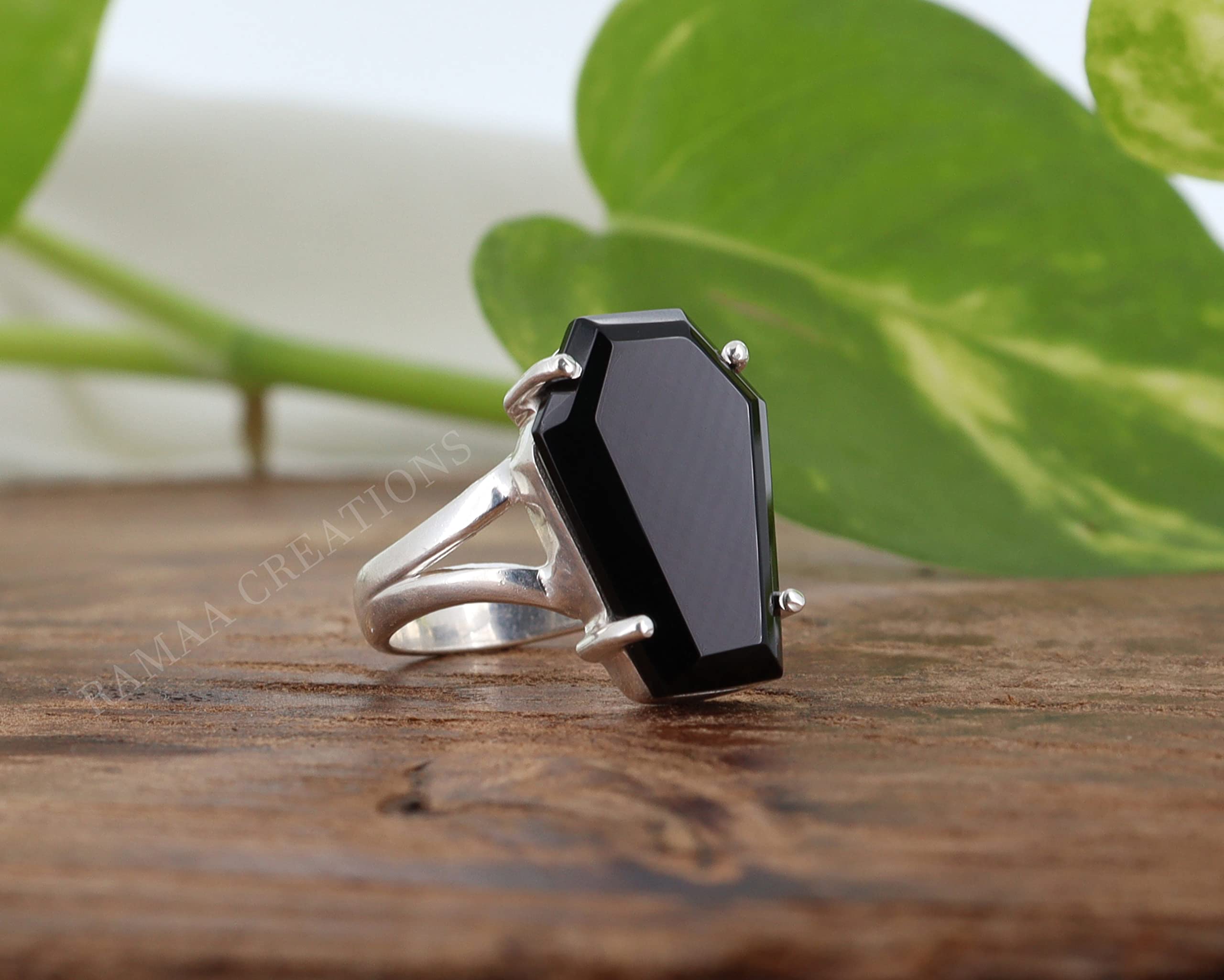 Black Onyx Coffin Silver Ring | Natural Black Onyx Sterling Silver 925 Handmade Coffin Ring | Handmade Jewelry