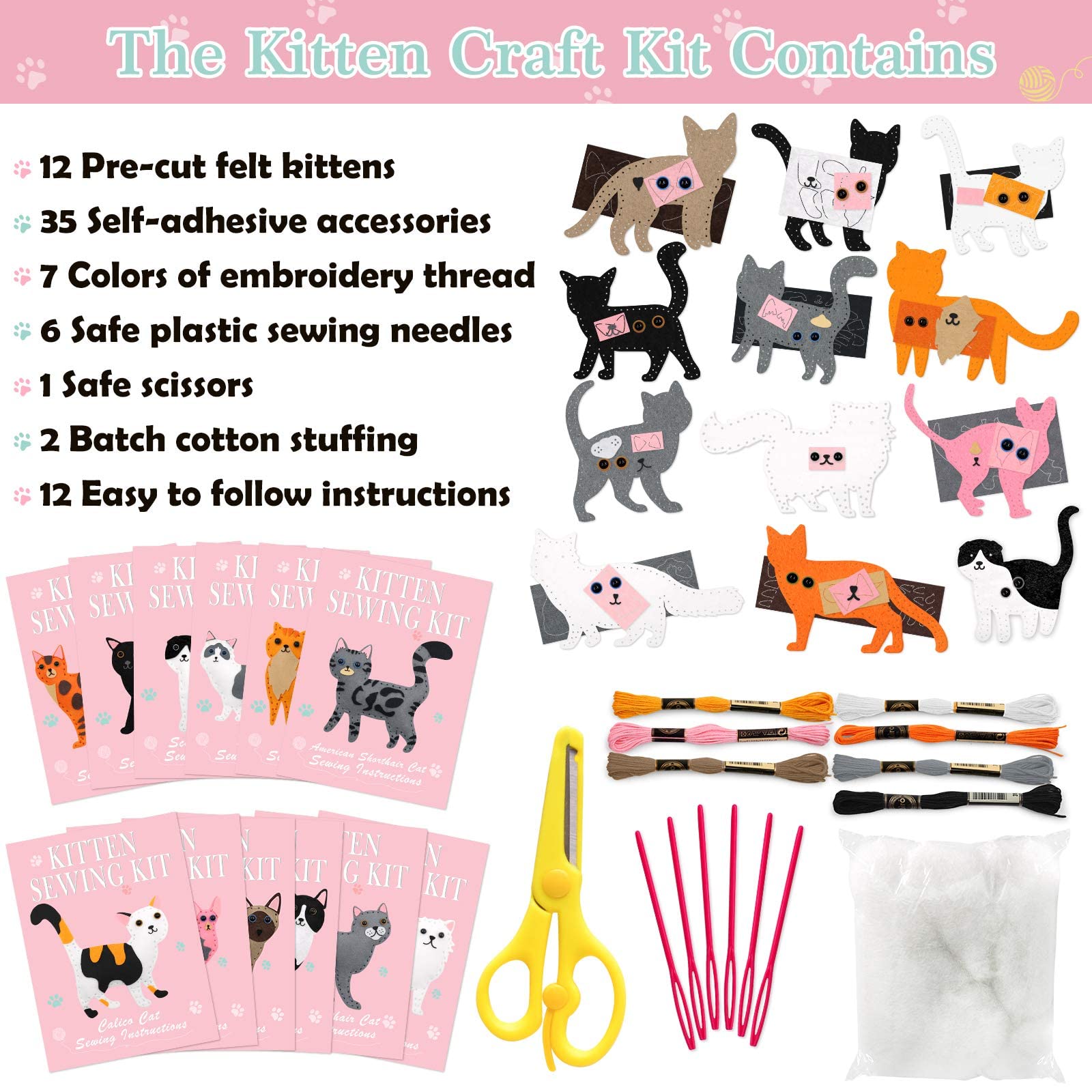CiyvoLyeen Kitten Craft Kit Kids DIY Crafting and Sewing Set Kitty Cat Stuffed Animal Felt Plushies for Girls and Boys Educational Beginners Sewing Gift Ideas