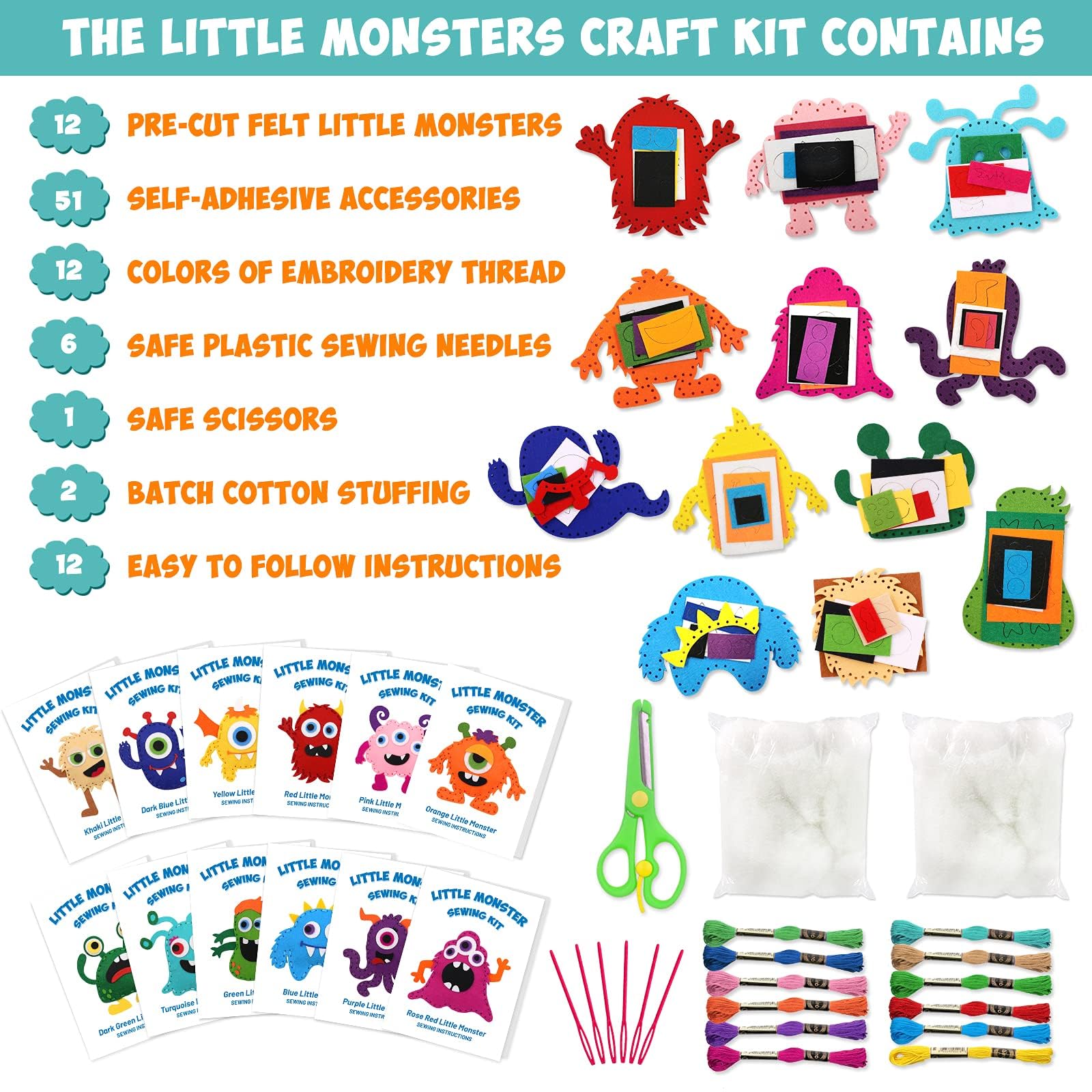 CiyvoLyeen Little Monsters Craft Kit Adopt A Monster Felt Plush DIY Sewing Art Educational Toys Monster Craft Gift Learn How to Sew for Beginners Set of 12 Sewing Kits