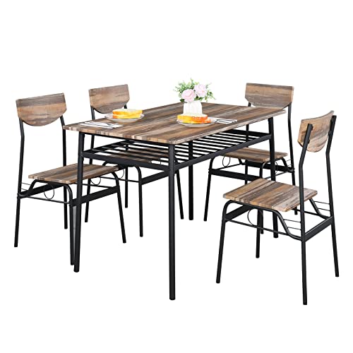 AOCOROE Rectangular Dining Table & Chair Set of 5 w/Storage Space, Dining Room Set w/ 1 Table & 4 Chairs, Table Chair Set w/MDF Tabletop & Iron Frame, for Dining Room, Bistro, Home Bar, Kitchen