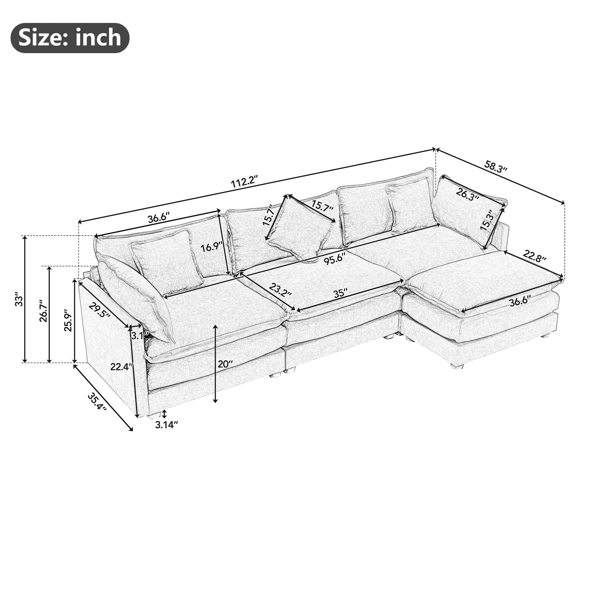 JIVOIT 112.2" L-Shape Chenille Upholstered Sofa with 5 Pillows, Modern Luxury Sofa Couch with Removable Ottoman, 3-Seater Couch Sectional Sofa Set for Living Room (Blue-5 Pillows)