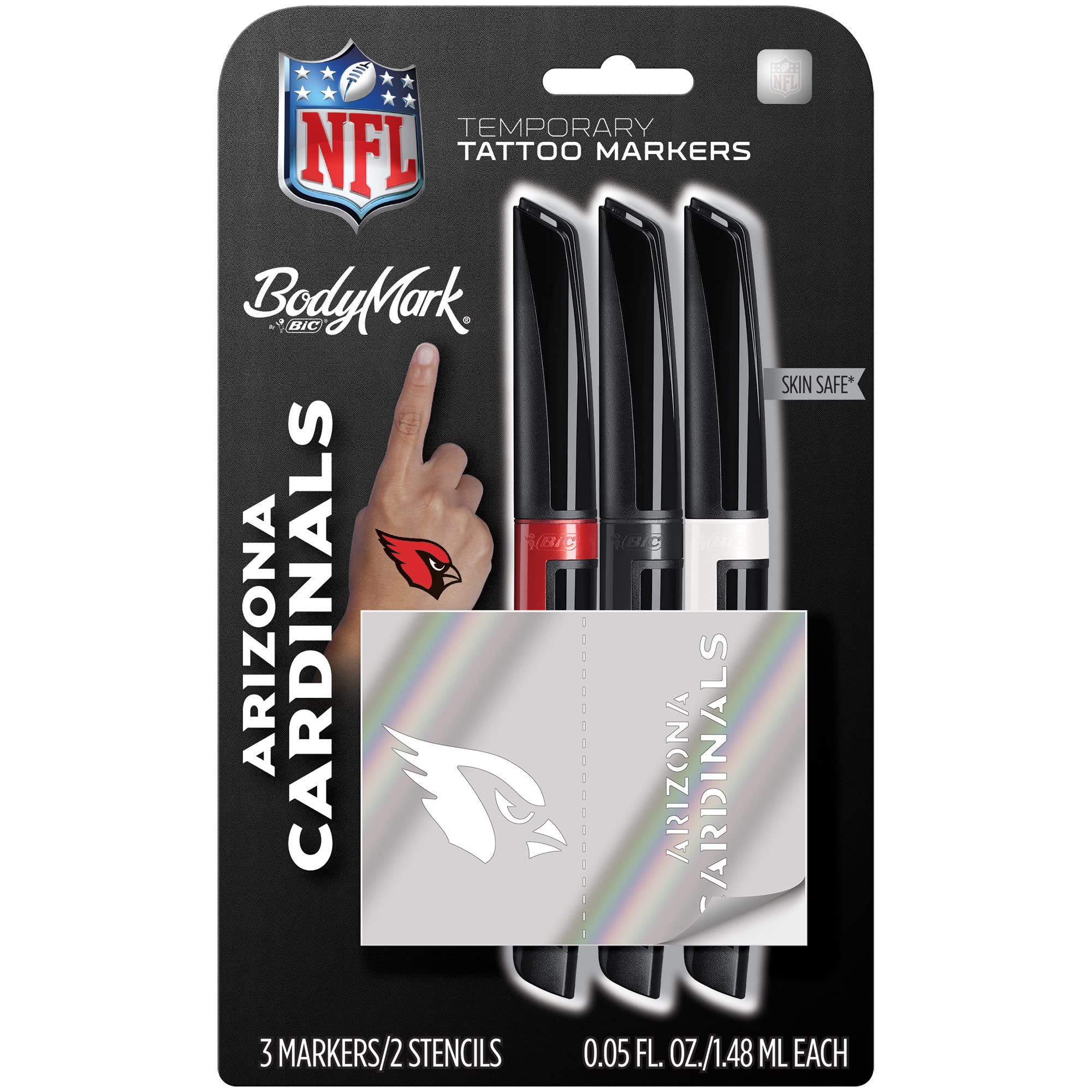 BIC BodyMark, Temporary Tattoo Marker, NFL Series, Arizona Cardinals, Skin Safe, Brush Tip, Assorted Colors, 3-Pack with Stencils