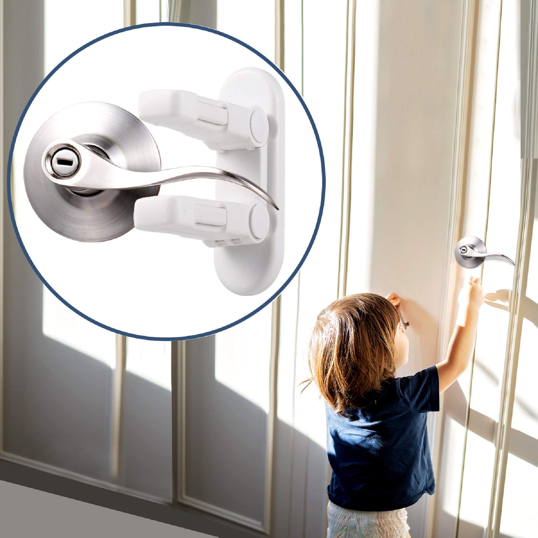 4 Pack Childproof Door Lever Lock Prevent Toddlers from Opening Doors.Unique Double Lock System Design.Easy to Install Without Any Screw Tools. (White)