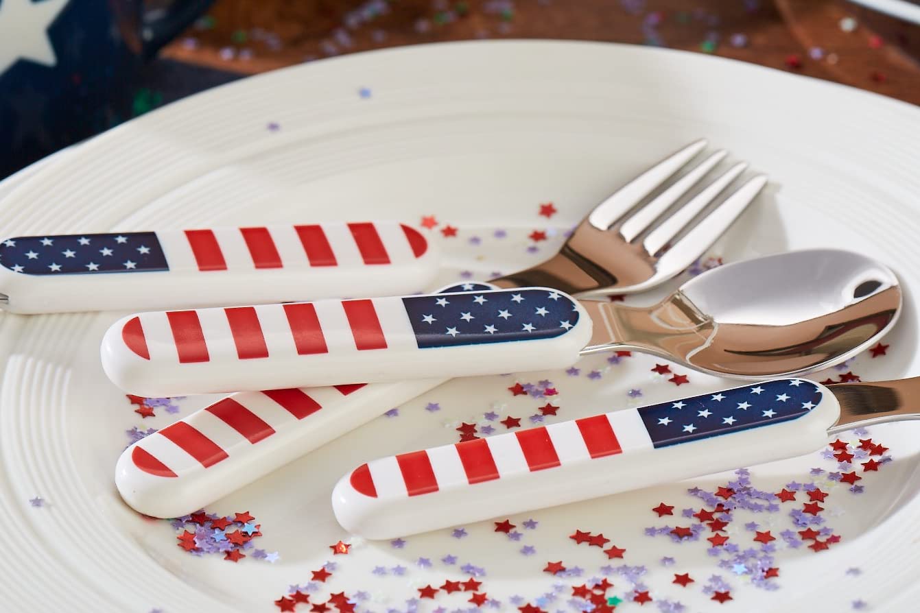 Annova Kids Silverware 6 Pieces Stainless Steel Children's Flatware Set 3 x Forks, 3 x Dinner Spoon Plastic Handle, Toddler Utensils Without Knives, for Babies, Infants BPA Free (US Flag)