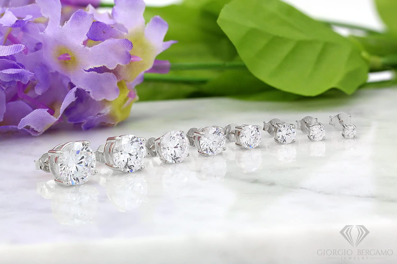 925 Sterling Silver Uninsex 3mm - 10mm Round Clear Cubic Zirconia CZ Rhodium Stud Earrings, Giorgio Bergamo (6,8,10mm)