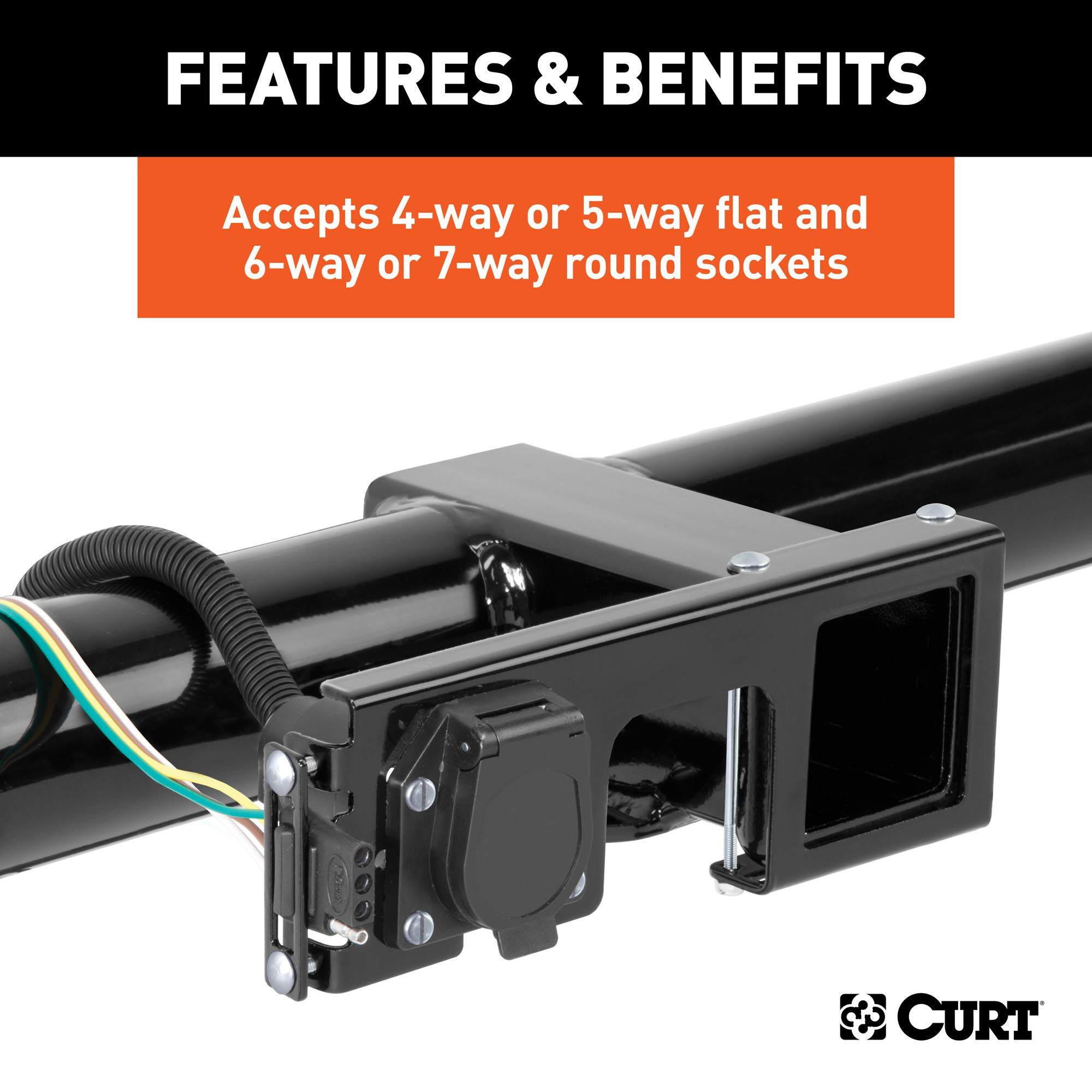 CURT 58003 Easy-Mount Vehicle Trailer Wiring Connector Mounting Bracket for 2-1/2-Inch Receiver, 4 or 5-Way Flat, 6 or 7-Way Round, GLOSS BLACK POWDER COAT