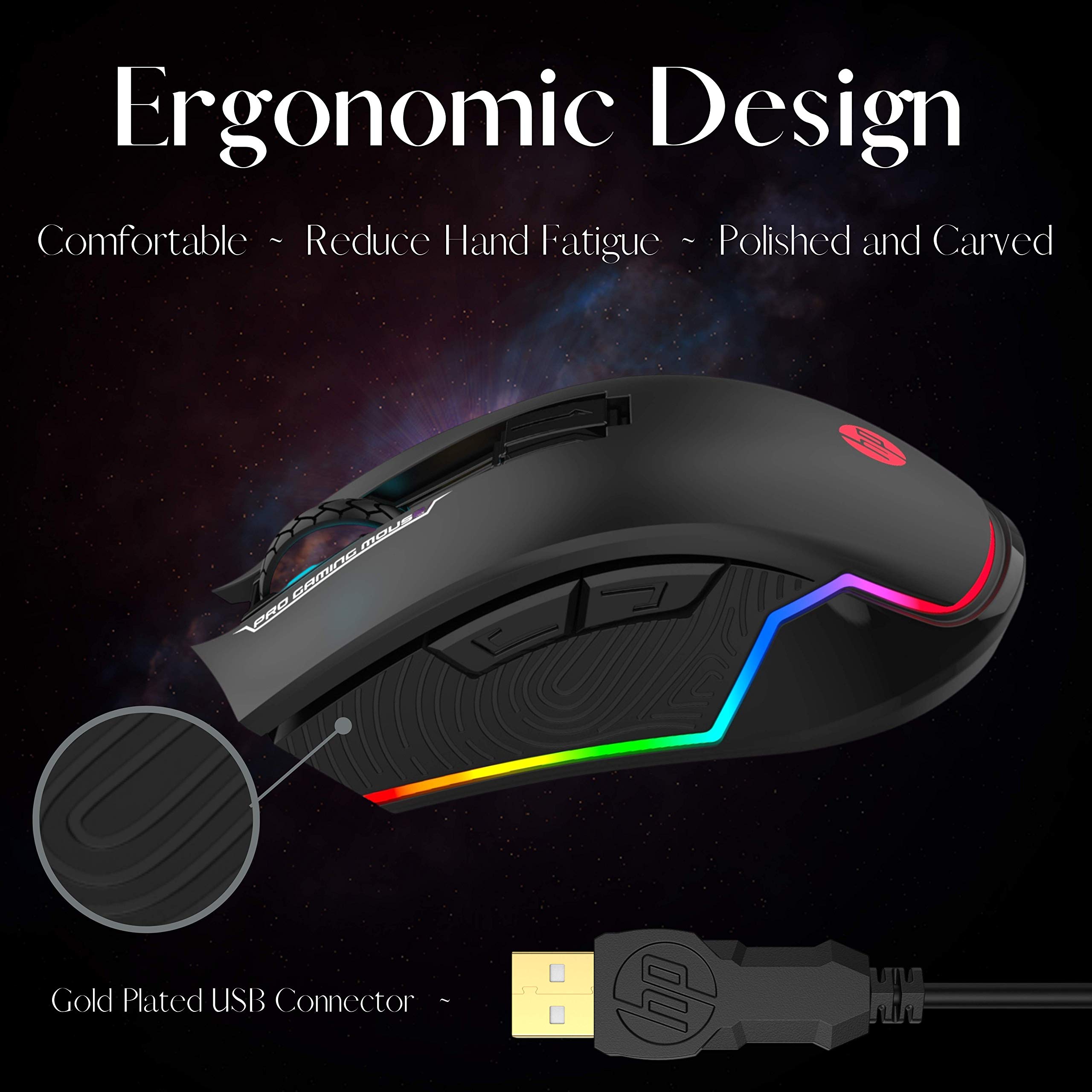 HP Wired Gaming Mouse LED RGB Backlit Adjustable 6200 DPI 6 Programmable Buttons Ergonomic USB Mice for Gamers