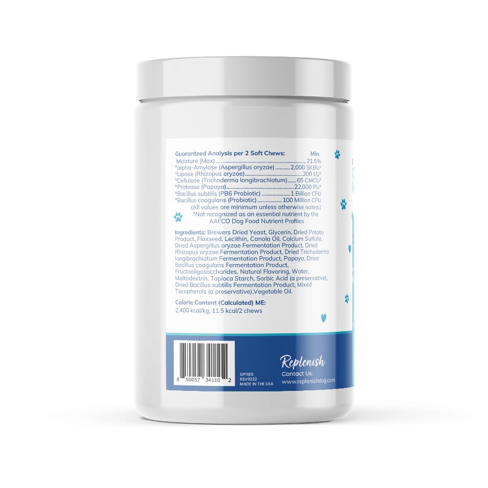 Replenish Probiotic and Digestive Enzyme Chews for Dogs - Dr. Rachel's Daily Canine Probiotics and Dog Digestive Enzymes, Nutrient Absorption Chews - Pet Dietary Balance, Stomach Relief - 60 Count