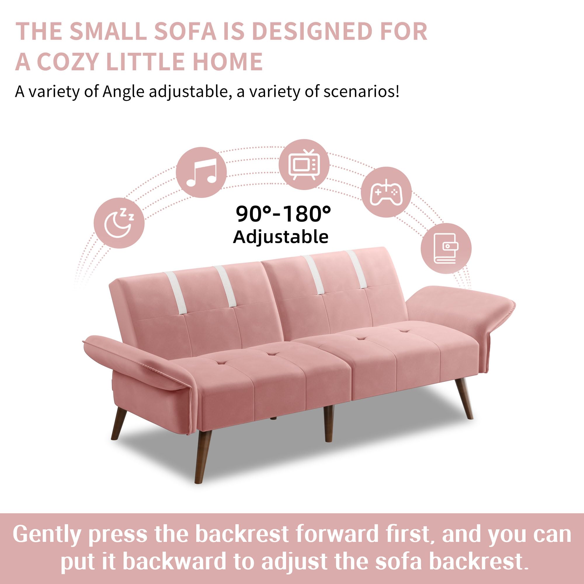 Shintenchi Futon Sofa Bed Modern Folding Sleeper Couch Bed for Living Room,Velvet Loveseat Sofa Couch Sofa cama for Apartments Office Small Spaces,w/Adjustable Armrests Backrest,Pink