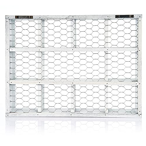 Crystal Holder Display Shelf - Rustic Wall Mounted Shelf for Farmhouse Décor with Chicken Wire for Spices, Rocks, Countertop Organizer, Shadow Box (Rustic White)
