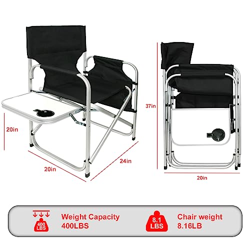GDGYOFN Directors Chairs Foldable,Oversized Folding Chair with Side Table Cup Holder and Storage Bag, Lightweight Aluminum Outdoor Chairs, 400lbs Capacity Black