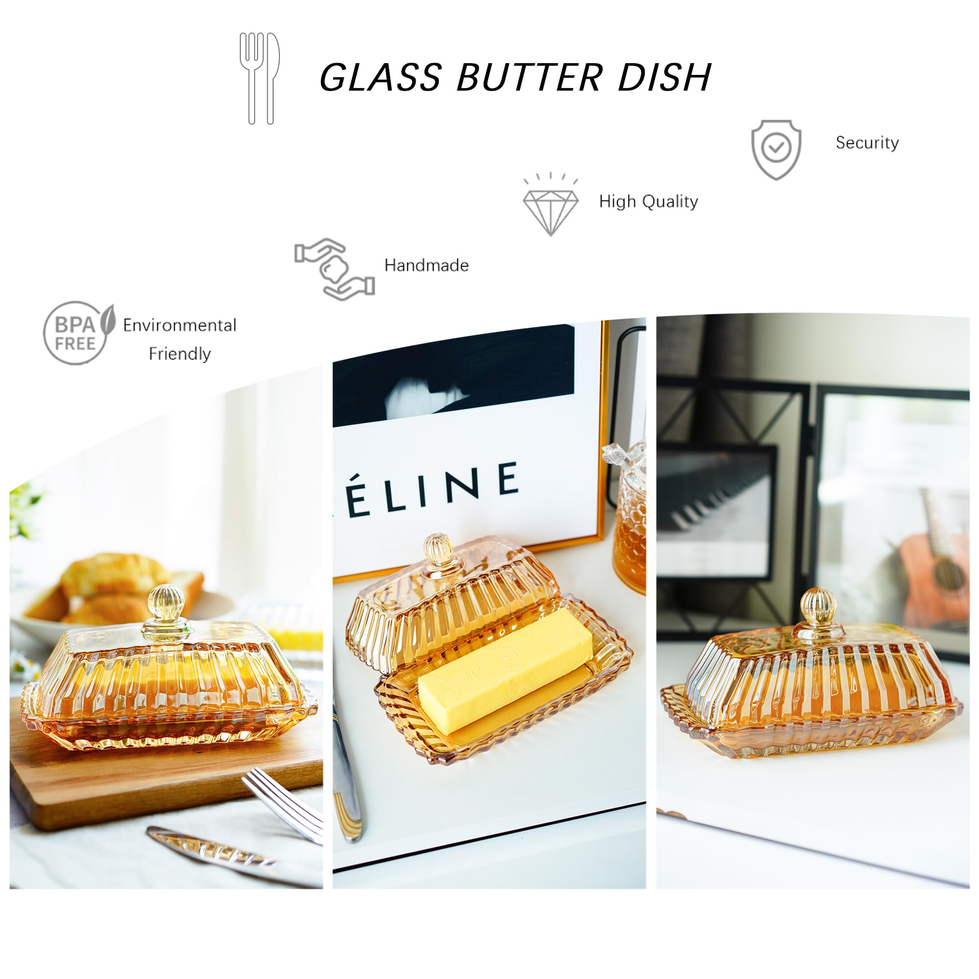 Champagne Covered Butter Dish for Countertop 6.5inch Glass Butter Dish With Lid Elegant Butter Keeper Container For Kitchen Dining Table Decor