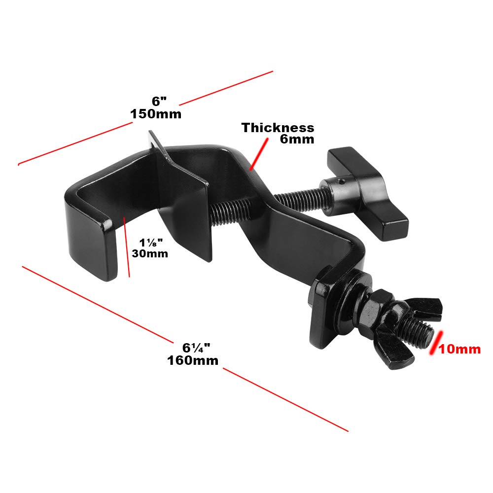 4 Pack Black Stage Light Clamps Iron Lighting Truss Hook Heavy Duty C Clamps with Fixed Plate for DJ Par Light Spot Lights, Fit 1⅜-1⅝ inches (F24) Square and Round Pipe, Load 80 lb, TUV Certification