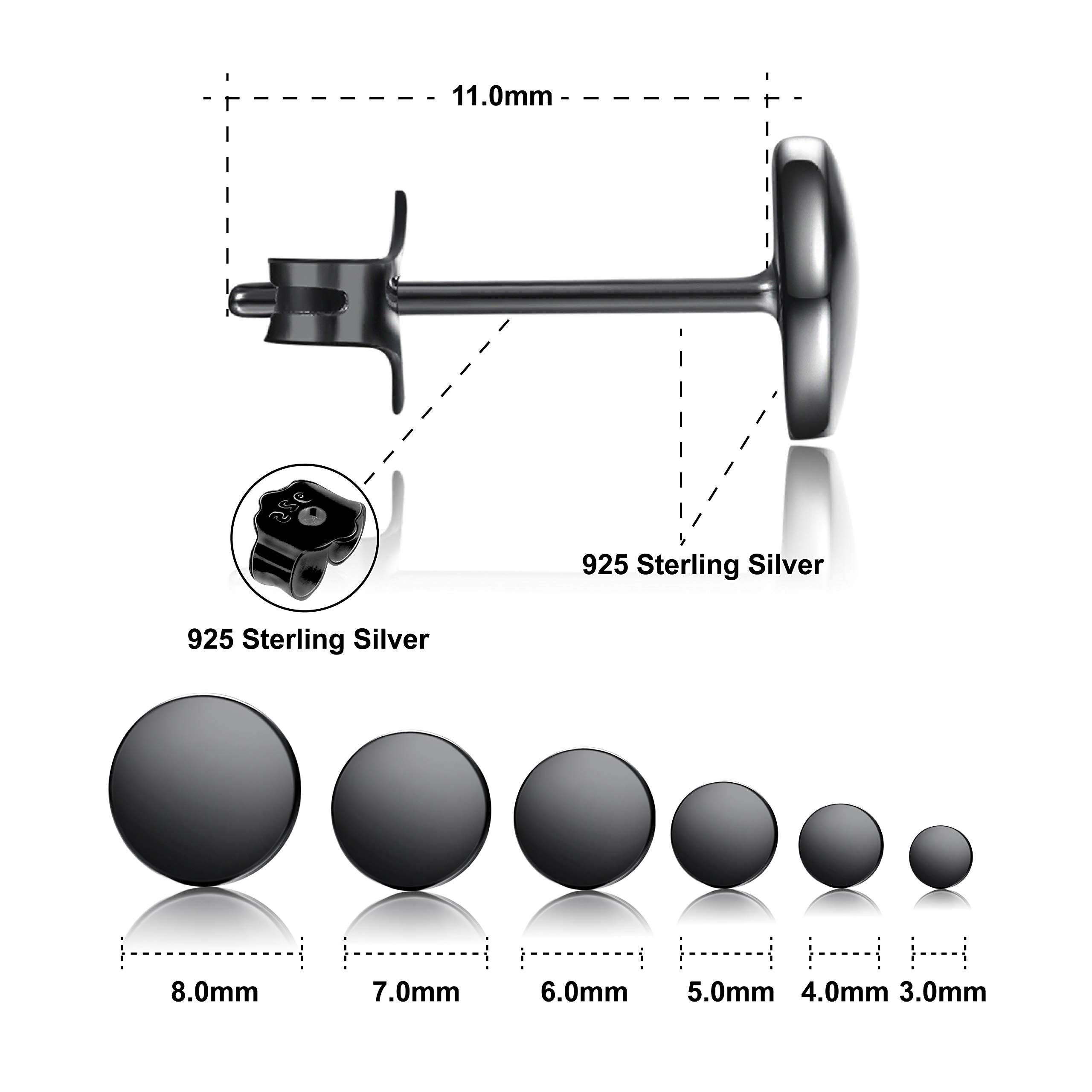 Black Stud Earrings 925 Sterling Silver Dot Studs 3mm-8mm Options, Flat Round Disc Earring Hypoallergenic Jewelry (8mm)