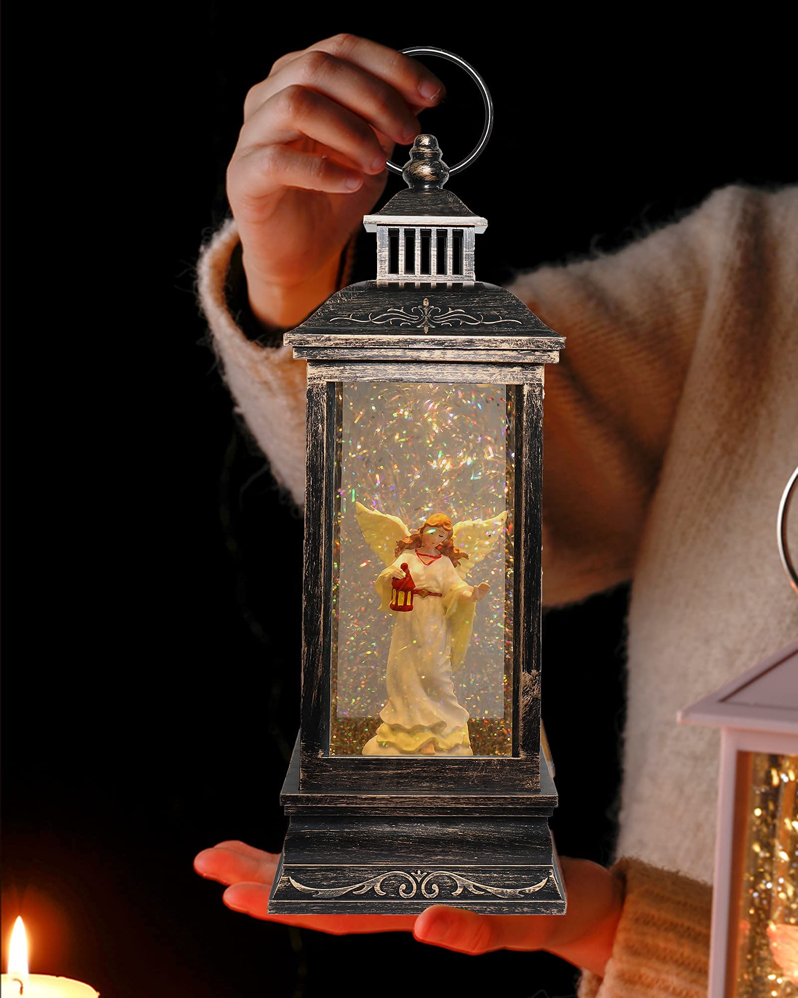 Christmas Water Glittering Snowing Globe Lantern Night Light with Music Plug-in and Battery Operated Gift for Birthday Xmas Valentines’ Day Thanks-Giving 12 Inches