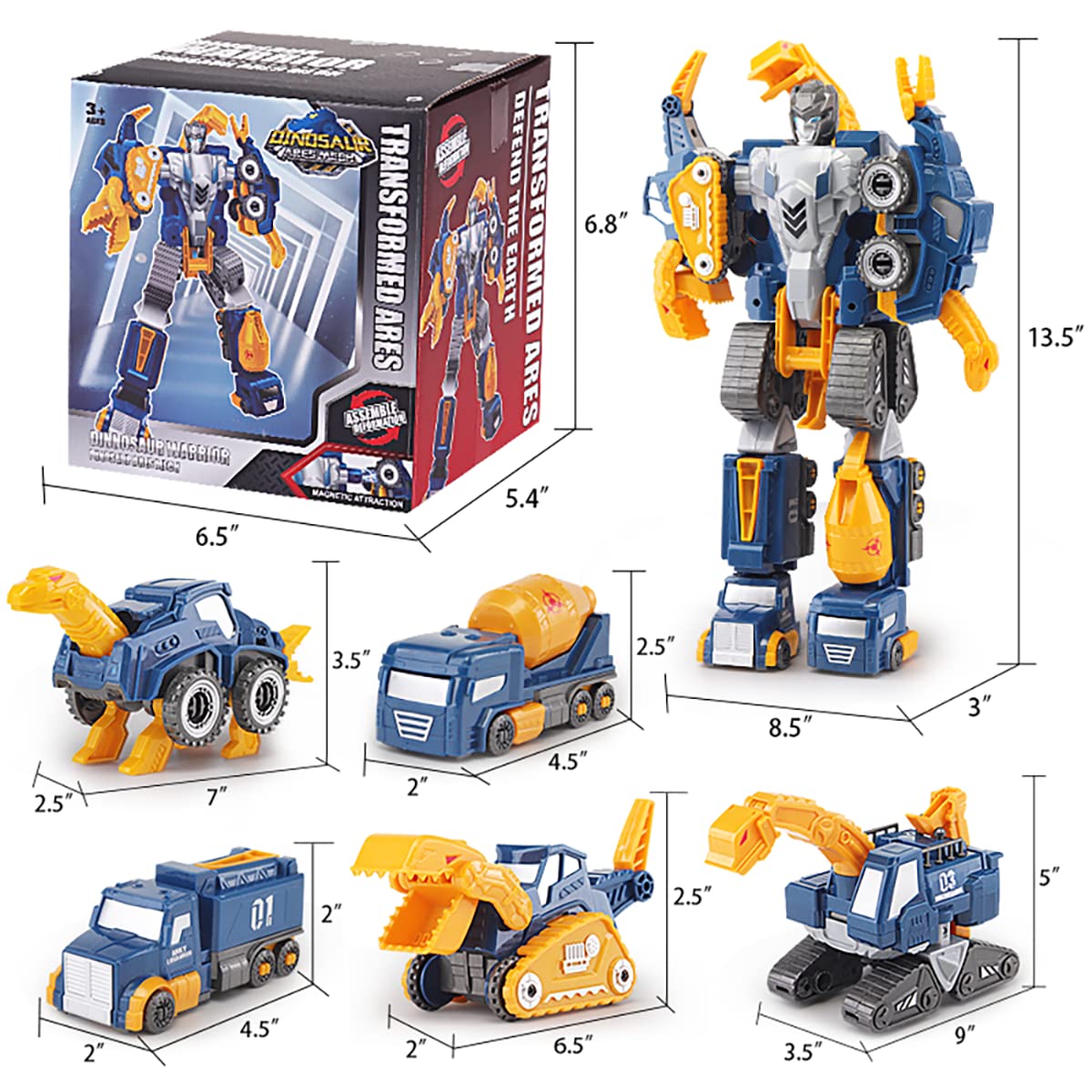 Construction Trucks Toy Dinosaur Vehicles Magnetic Set, 5-in-1 Educational STEM Building Car Kit, Transform to Big Robot, Holiday Birthday Present for Toddler Kid 3 4 5 6 7 Year Old Boys Girls