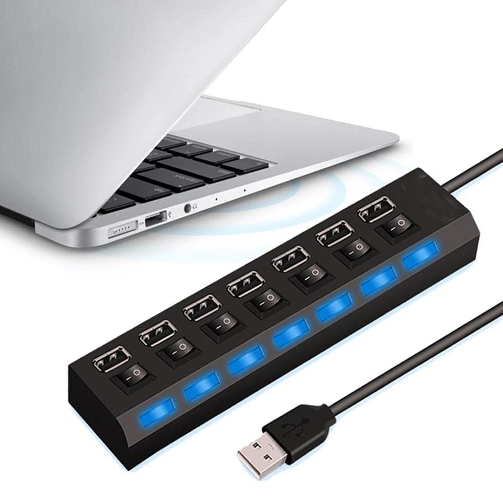 AGKRUNN 7 Port USB 2.0 Hub,Multi Port USB Splitteruter,Multi-Function Seven-Port Hub One-to-Seven Splitter Converter with Individual Switches Indicator