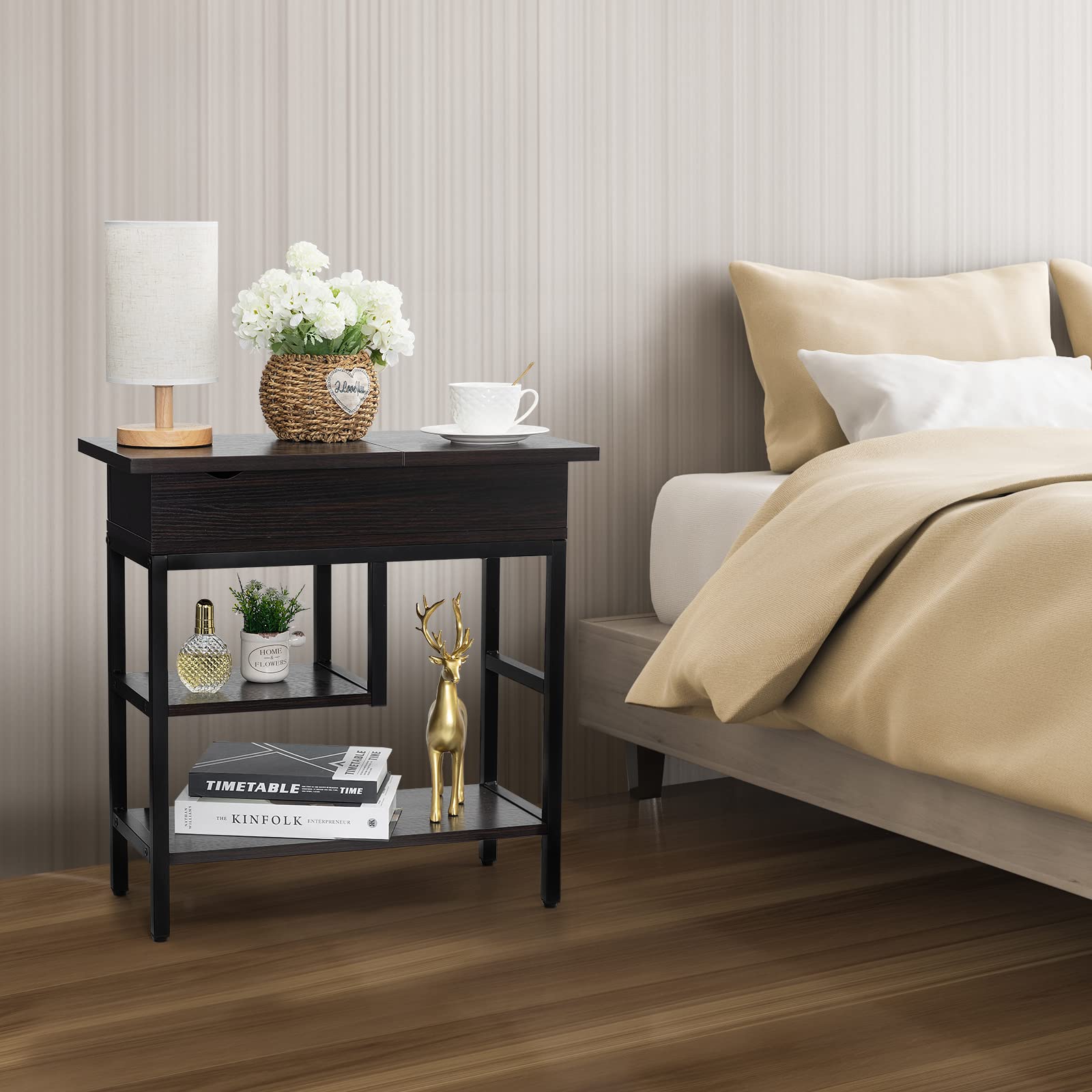 Hadulcet Side Table with USB Ports and Outlets, Narrow Sofa End Table with Storage Shelf for Small Spaces, Nightstand with Charging Station Bedside Table for Living Room, Black Walnut