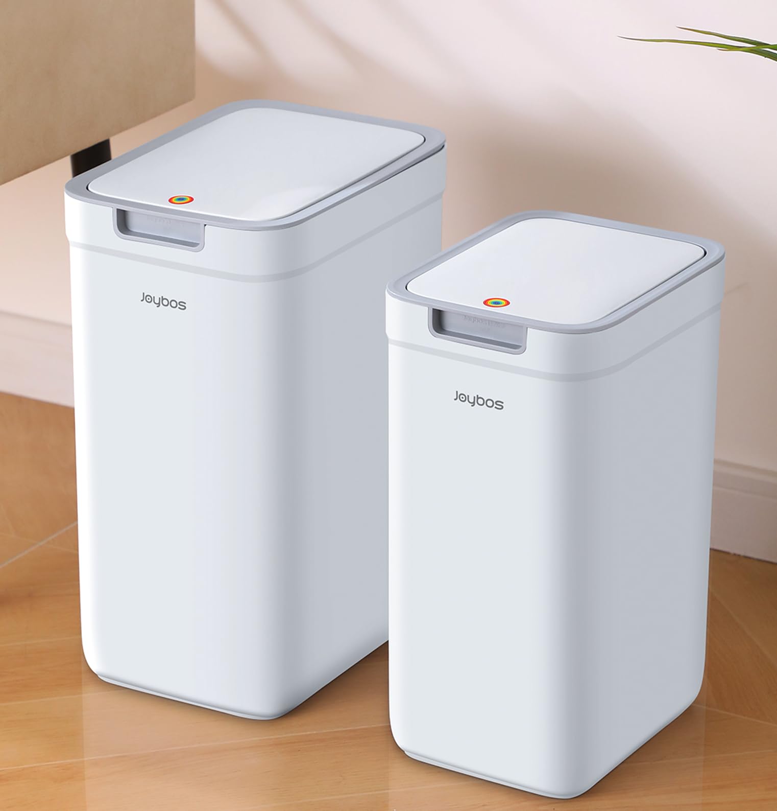 funest Bathroom Trash Can with Lid, 2 Pack Small Garbage Can for Bedroom with Pop-Up Lid, S01 Dog Proof Trash Bin, Plastic Wastebasket for Office, Living Room (3.6 Gal with Lid + 2.4 Gal with Lid)