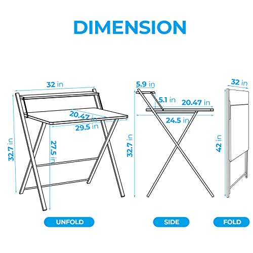 GreenForest Folding Desk No Assembly Required, Computer Desk with 2-Tier Shelf Foldable Table for Small Spaces Fully Unfold 32 x 24.5 inch, Espresso