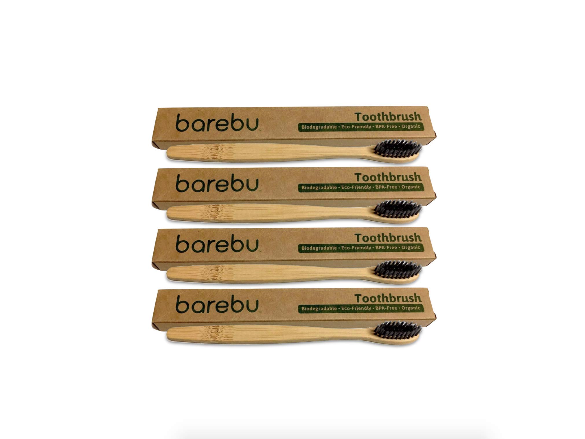 More of Me to Love BPA-Free, Organic Bamboo Toothbrush with No-Glue Bristles - Compostable, Biodegradable, Vegan (4-Pack) (Black, Soft Bristle)