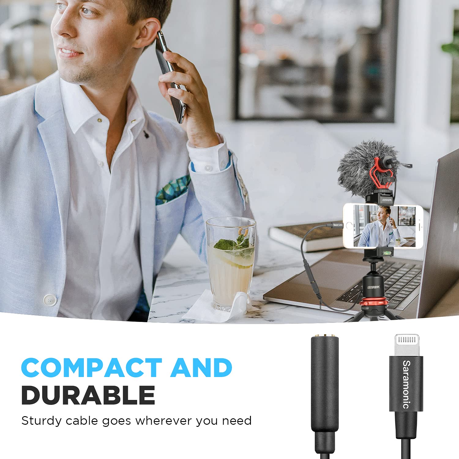 Saramonic 3.5mm TRRS to Lightning Female Adapter Cable, SR-C2002 3.5mm Micro Lightning to Apple Cable MFi Certified Compatible with iPhone, iPad Smartphones and Tablets (6cm)