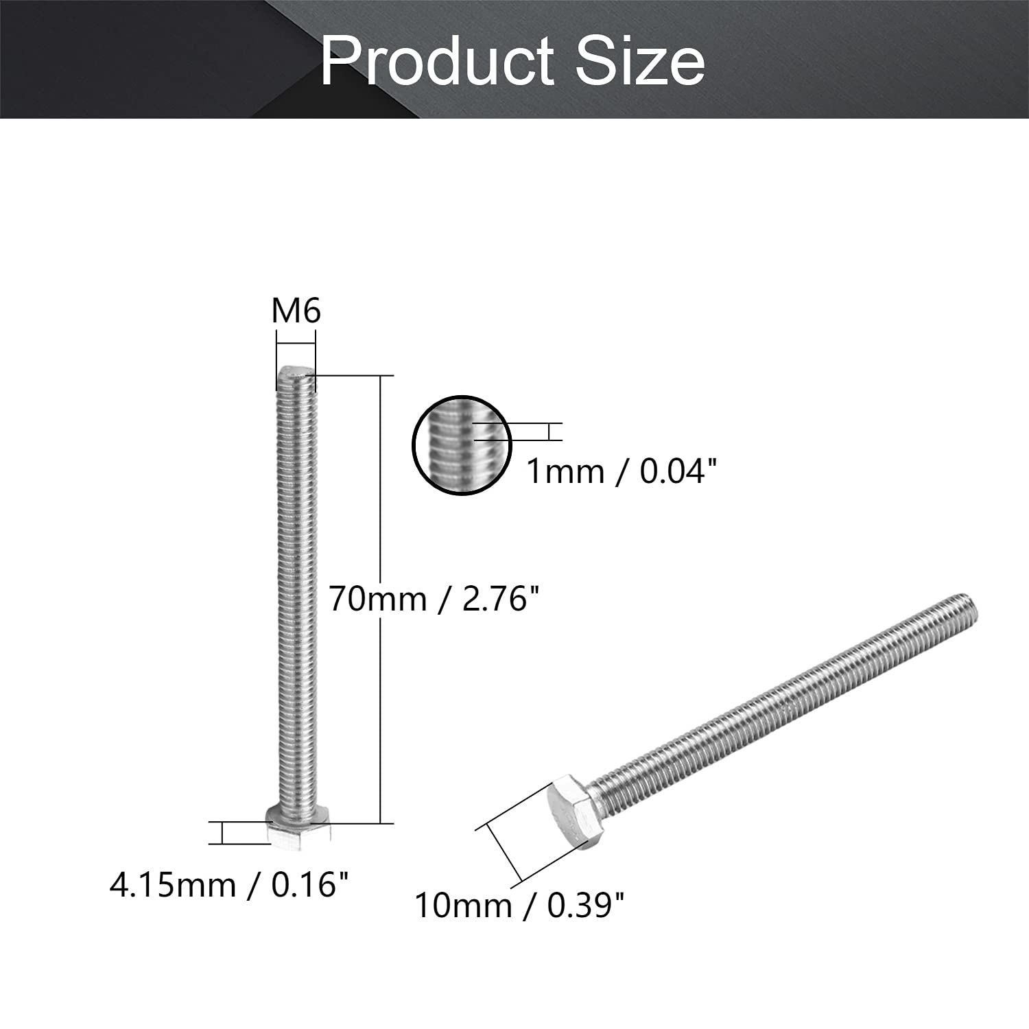 MroMax 15Pcs M6 x 70mm Hex Head Screws Bolts, 304 Stainless Steel 18-8, Fully Threaded, External Hex Drive, for Mounting Chair, Handles, Rail, Pump, Wheels, Antenna Parts, Boat and Plastic Bumpers
