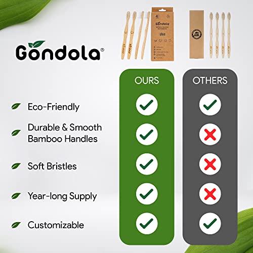 Gondola Kids Bamboo Toothbrushes Soft Bristles β Vegan Organic Eco Friendly Tooth Brush for Kids with Fun Animals Designs & Lightweight, Smooth Bamboo Handles β Zero Waste Packaging β 4 Pack