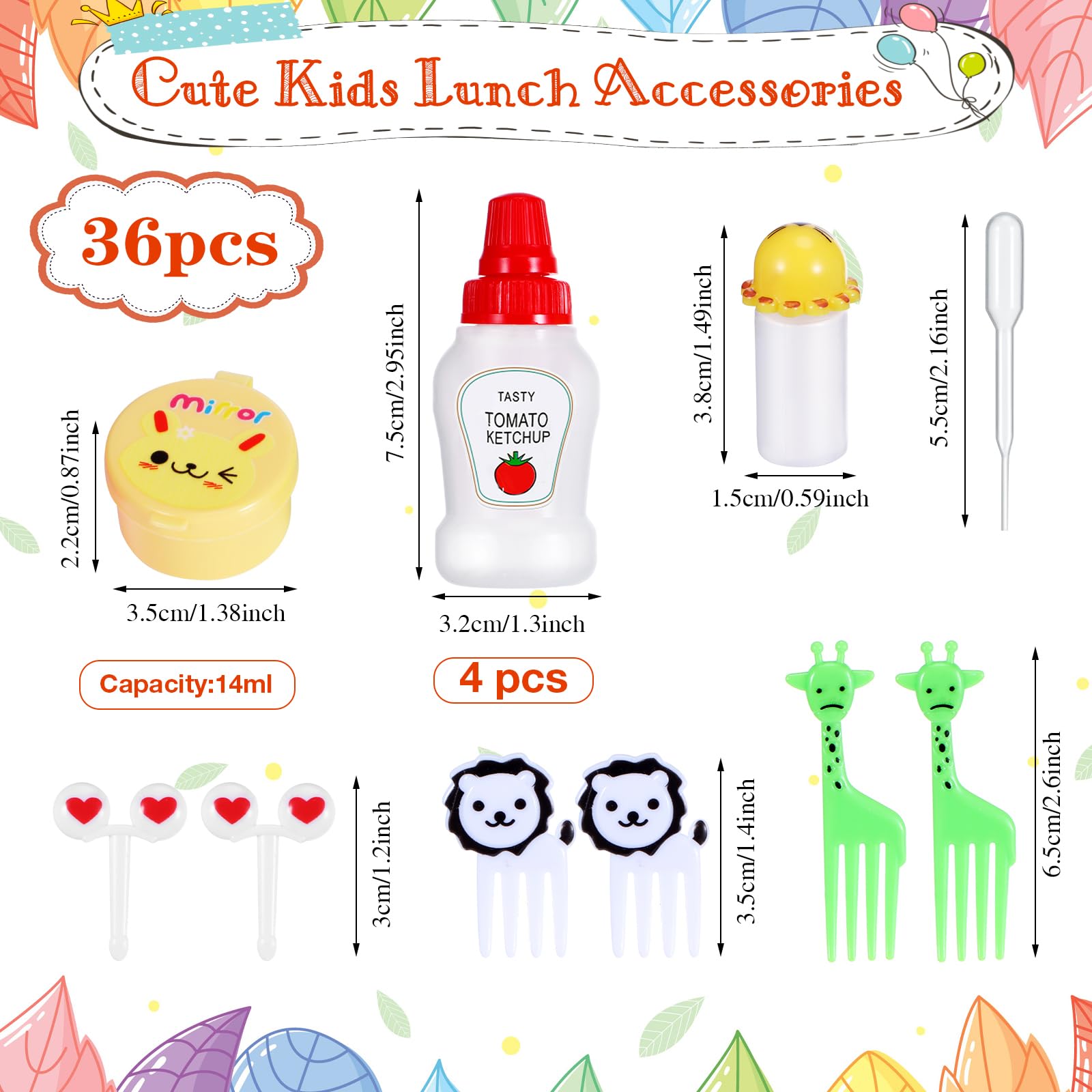 50 Pcs Kids Bento Box Accessories Including Food Picks Mini Condiment Bottles Ketchup Squeeze Bottles, Mini Soy Sauce Container with Funnel for Kids School Bento Camping Office Accessories (Animal)