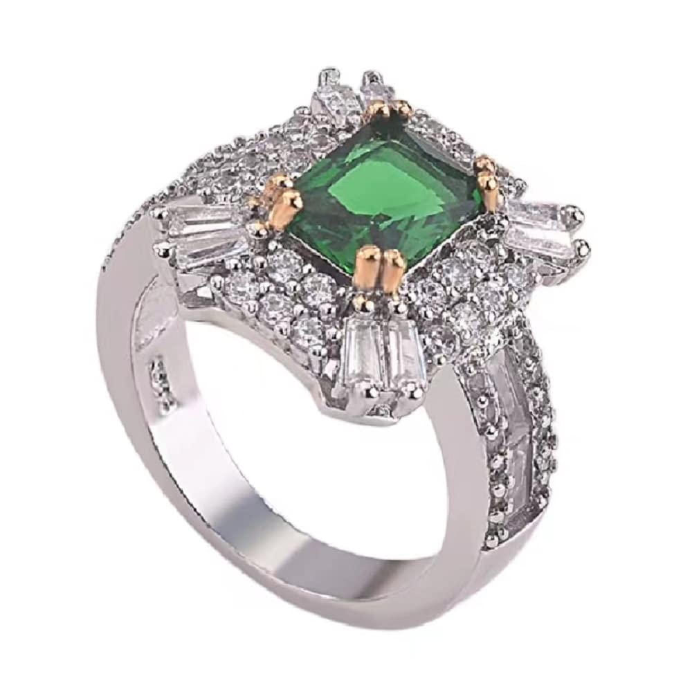 925 Sterling Silver Ladies Emerald Zircon Square Princess Ring Cocktail Ring Square Cut Green Gemstone Cubic Zirconia Anniversary Commitment Ring CZ Eternity Engagement Wedding Ring Women's 566 (9)